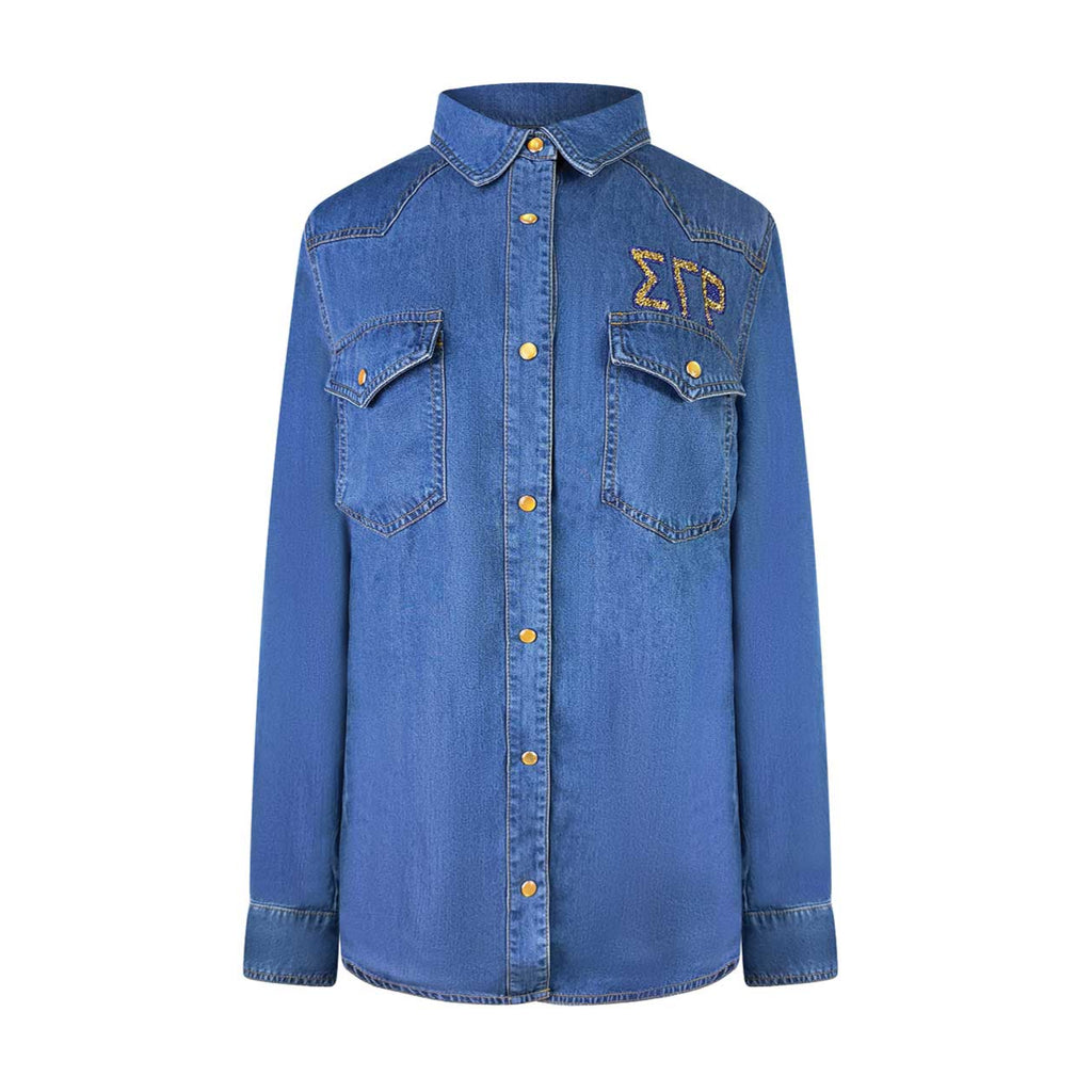 SIGMA GAMMA RHO DENIM FRINGE SHIRT – Sacred Heart Collections